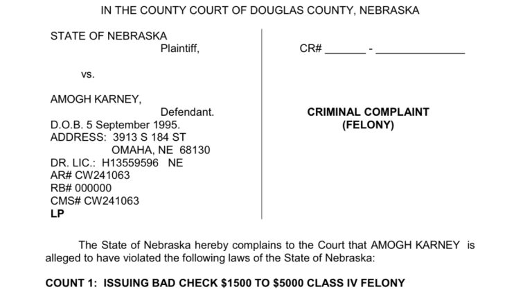 Bounced check -Class IV Felony+Arrest – Karney Fraud